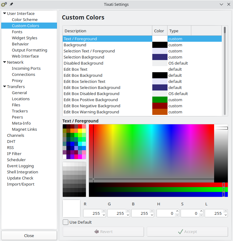 Settings - User Interface - Custom Colors - Tixati